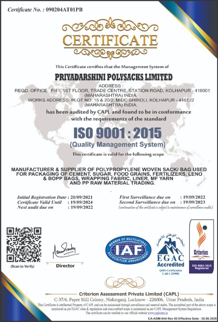 Certificate Page Priyadarshini Polysacks